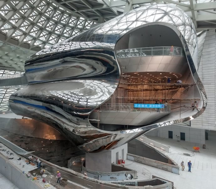 Dual curved stainless steel facade, Sculptural foam Stainless facade ...